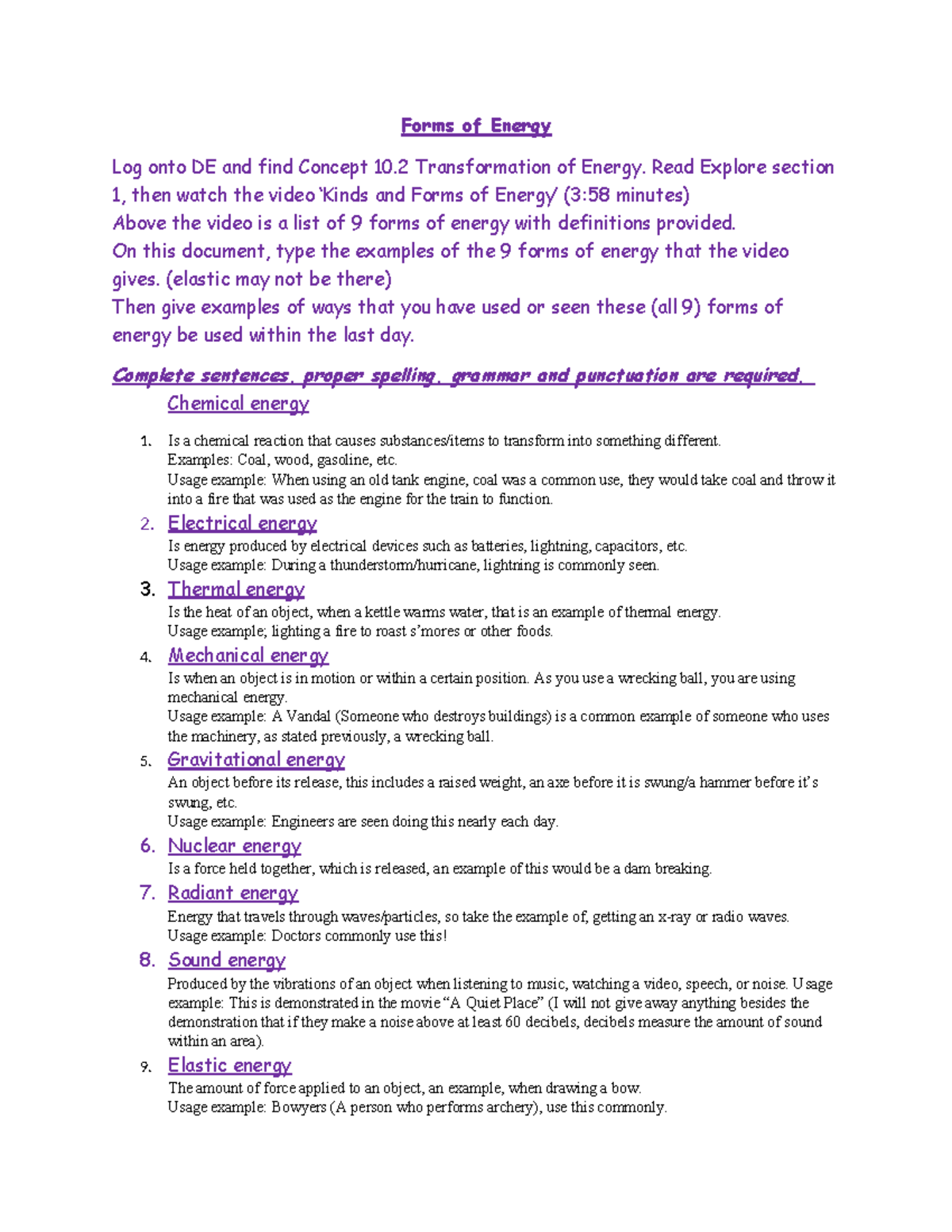 Forms of Energy Completion: Examples & Usage of 9 Energy Types - Studocu