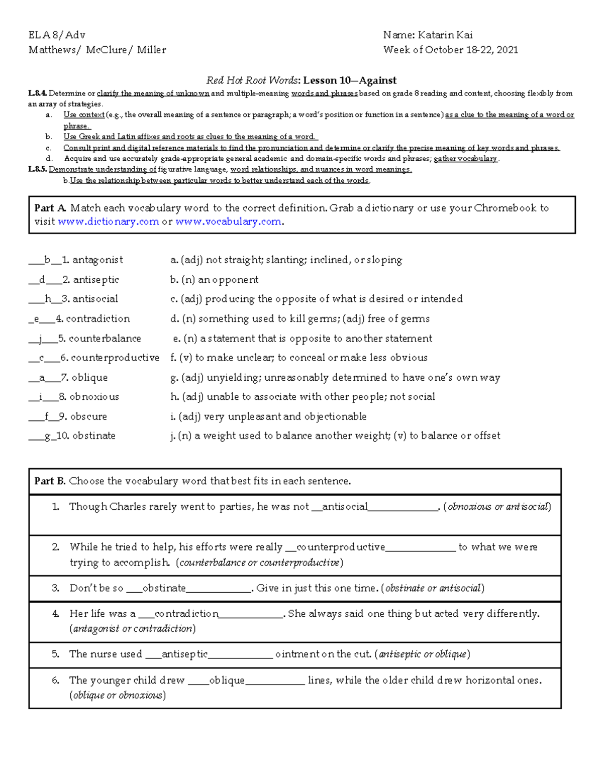 ELA Miller: Red Hot Root Words Lesson L.8.4 Vocabulary Study - Studocu