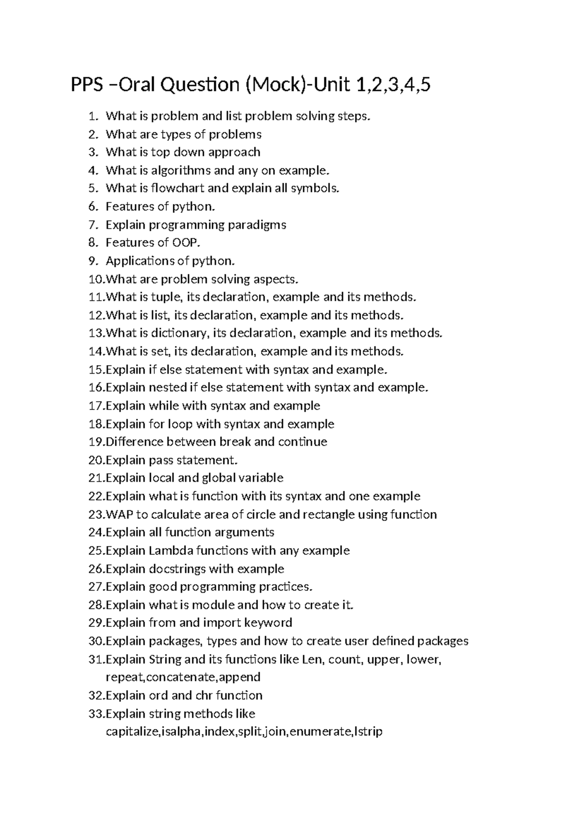 PPS Oral Mock Questions - Problem Solving & Python Concepts - Studocu