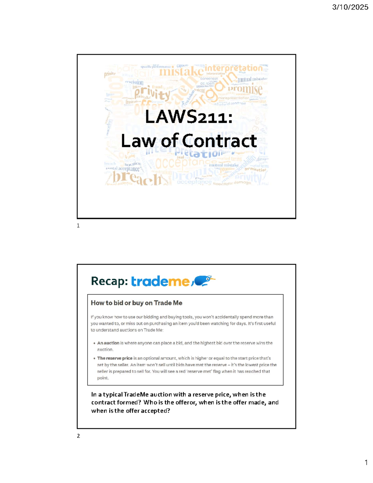 LAWS211: Law of Contract 1 - Class 5 Slides Recap on Auctions - Studocu