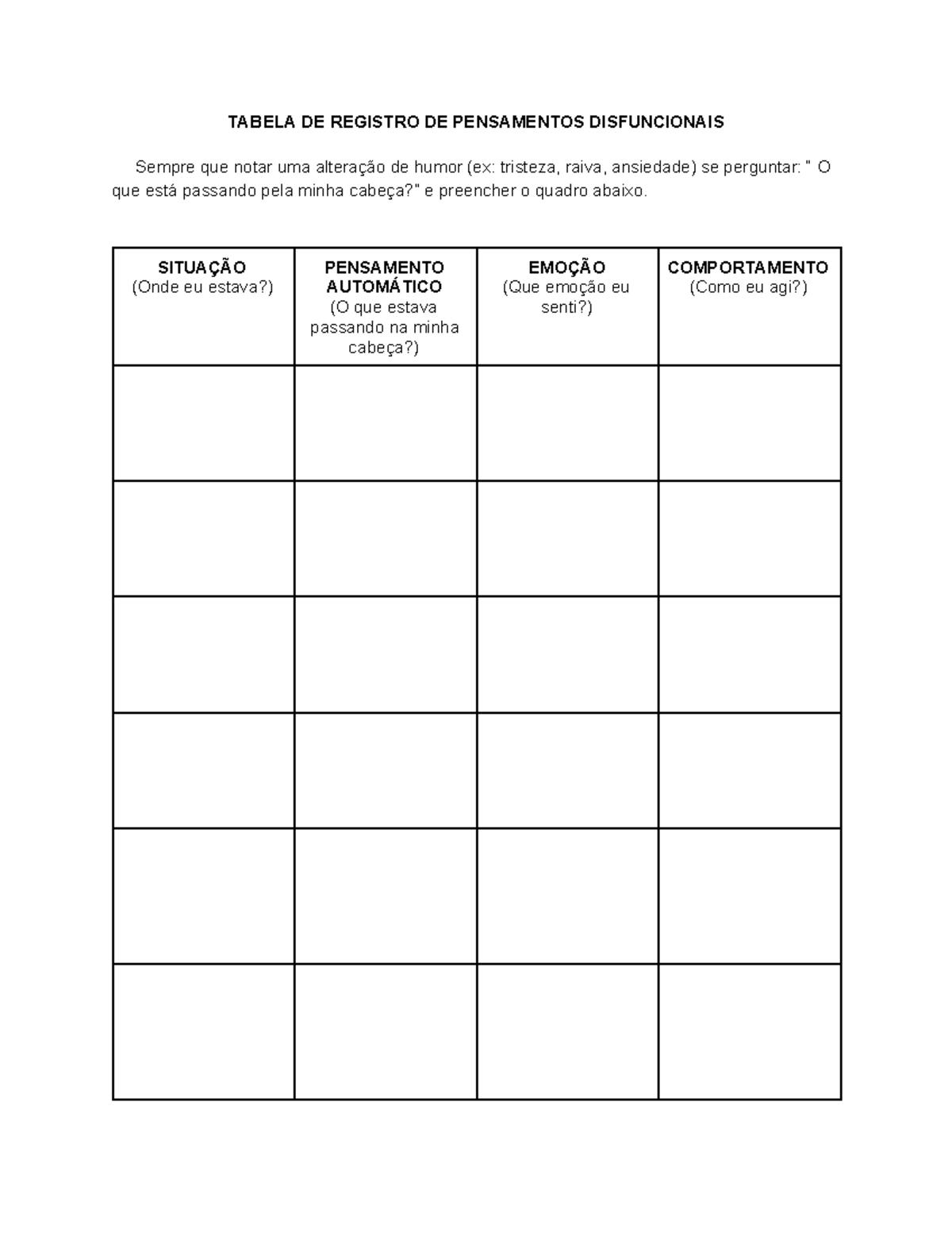 RPD - REGISTRO DE PENSAMENTOS DISFUNCIONAIS. TECNICA TCC. - Psicologia ...