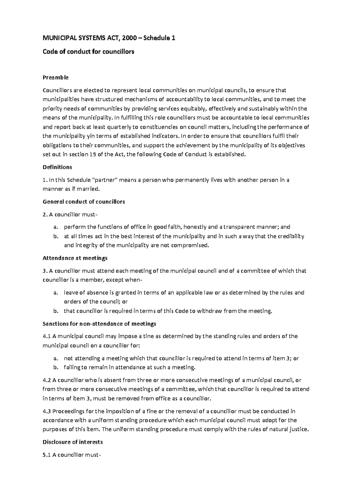 Code of Conduct for Councillors: Municipal Systems Act Overview - Studocu
