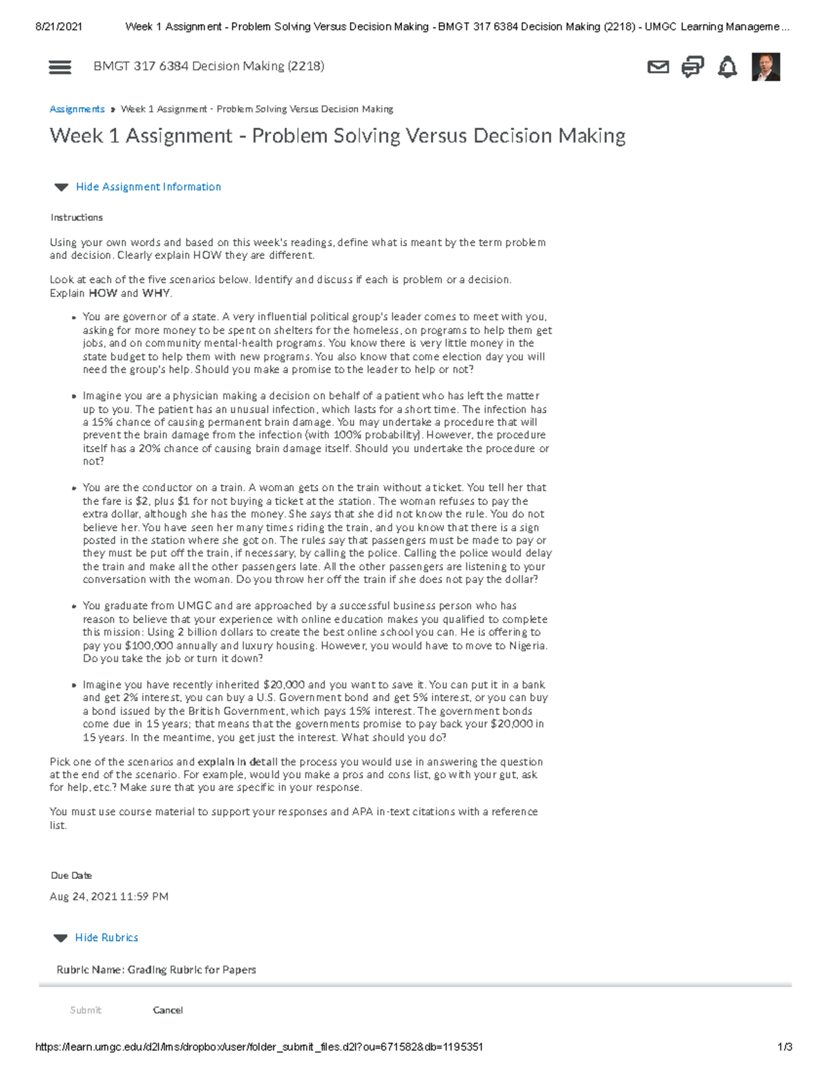 BMGT 317 6384 Week 1 Assignment: Distinguishing Problem Solving ...