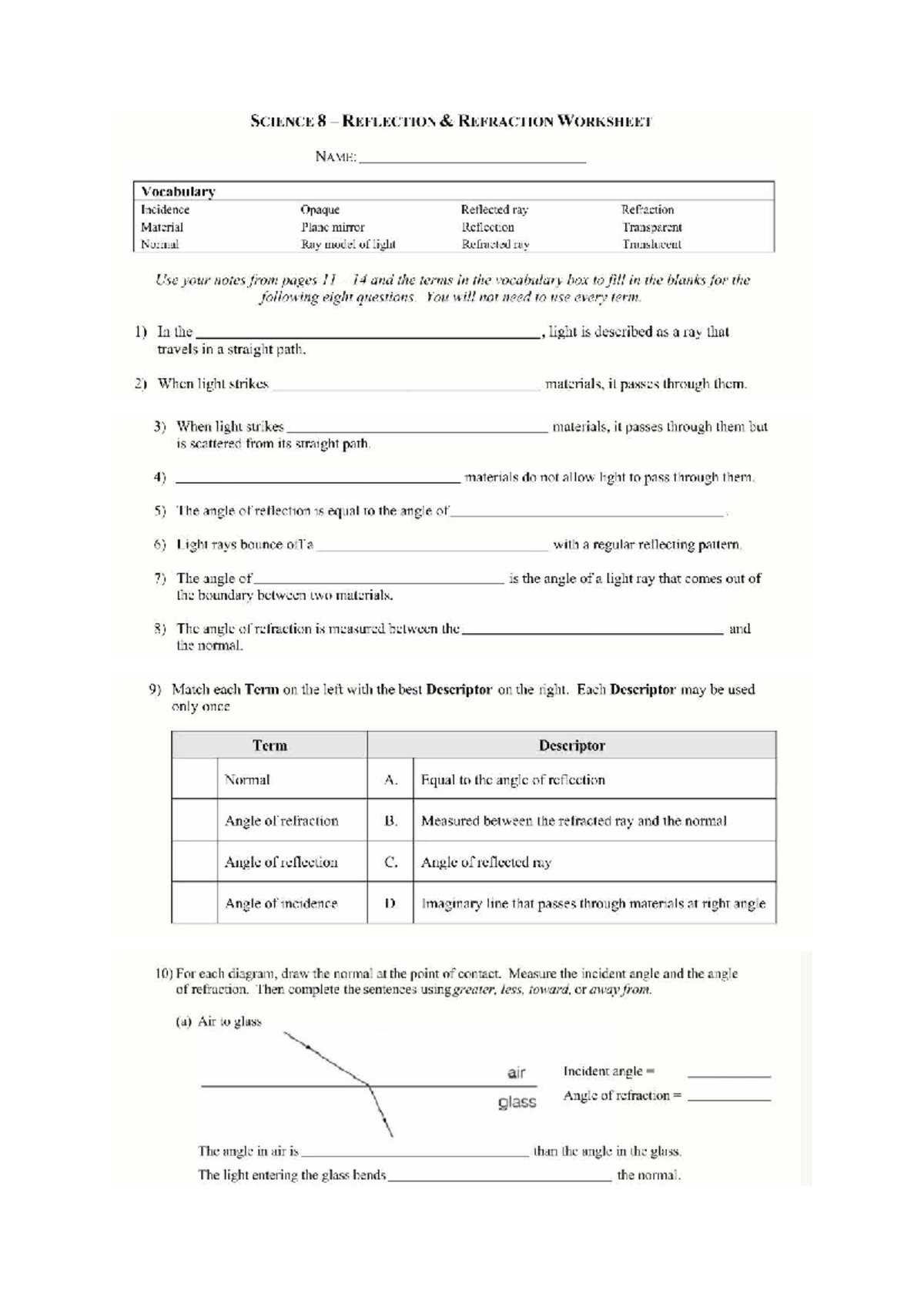 SCIENCE 8 REFLECTION & REFRACTION WORKSHEET - Studocu