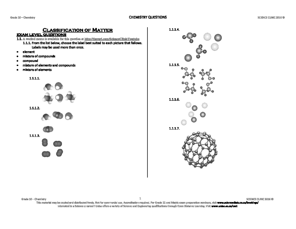 Grade 10 Chemistry Exam Questions: Classification of Matter Guide - Studocu