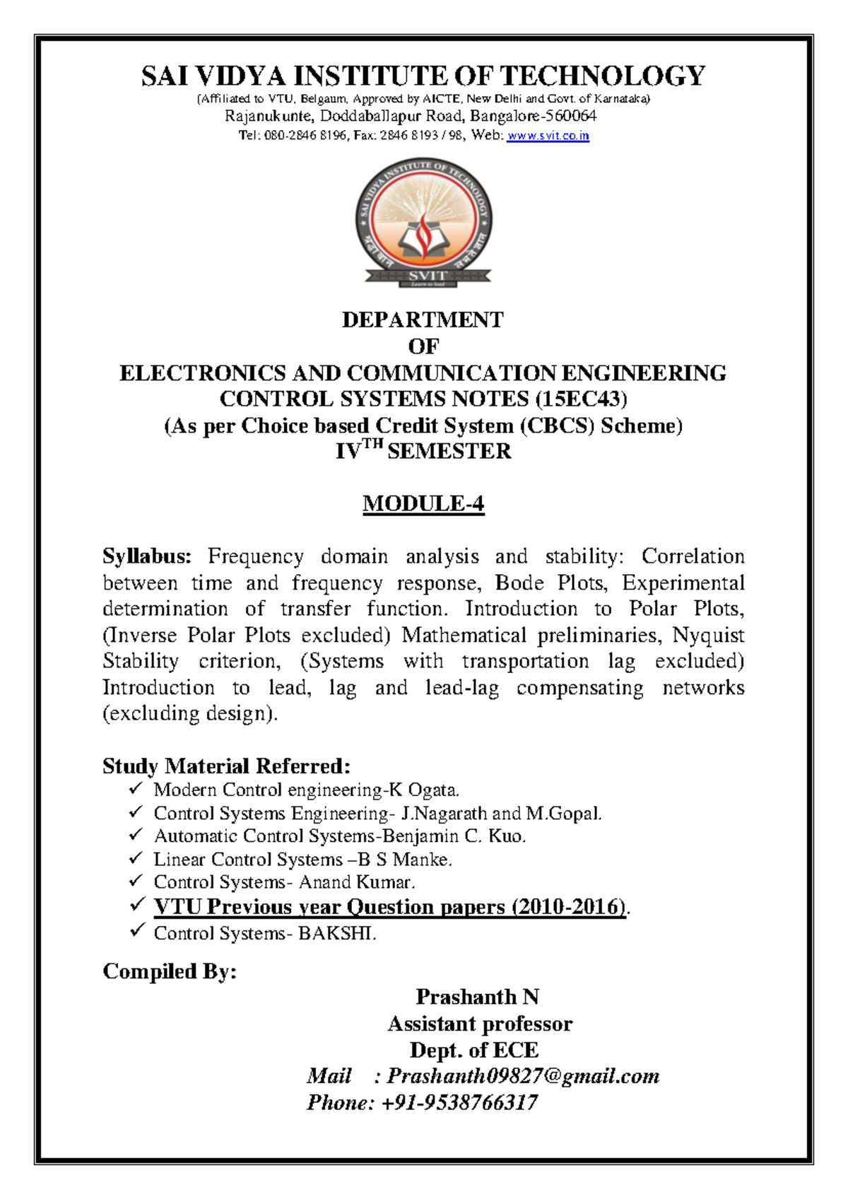 Control Systems Notes (15EC43) - Module 5 Overview - Studocu