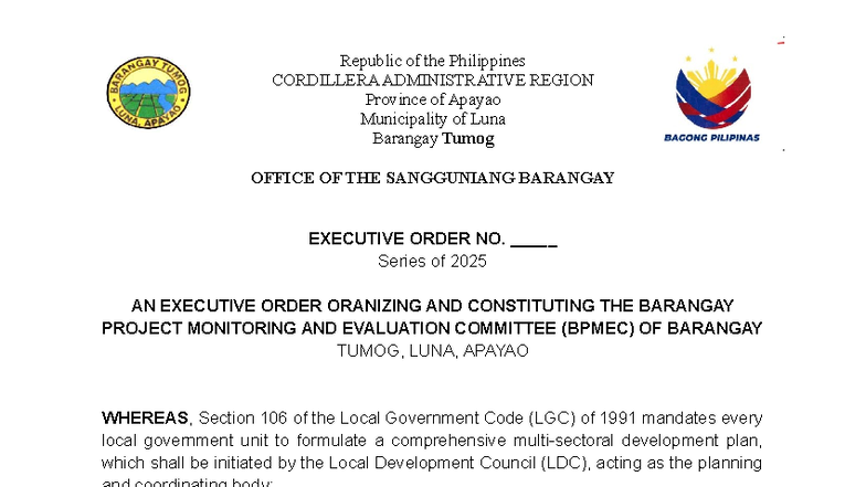 BPMEC - Executive Order Organizing Project Monitoring Committee - Studocu