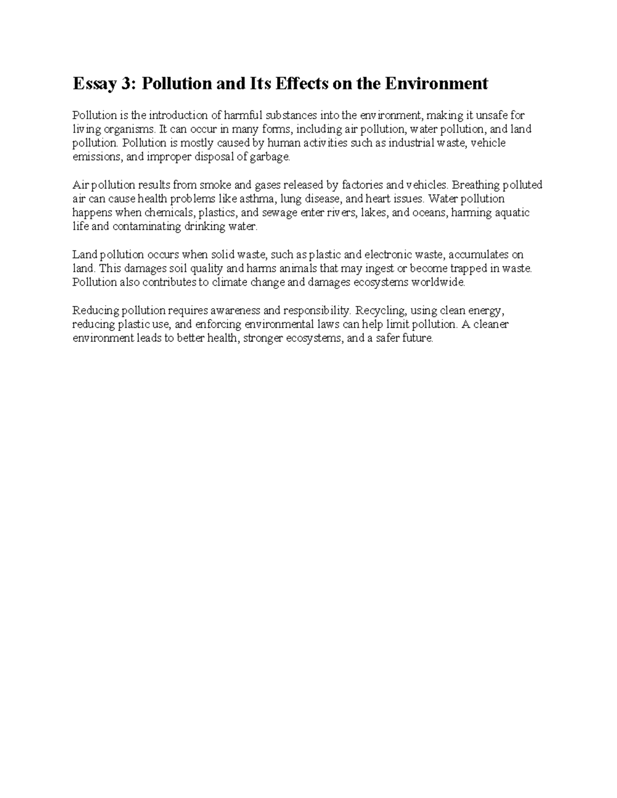 Essay 3: The Impact of Pollution on Our Environment - Studocu
