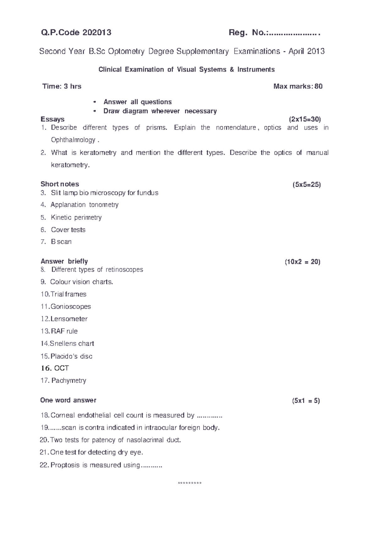 Kuhs second year bsc optometry exam question paper april 2013 clinical ...