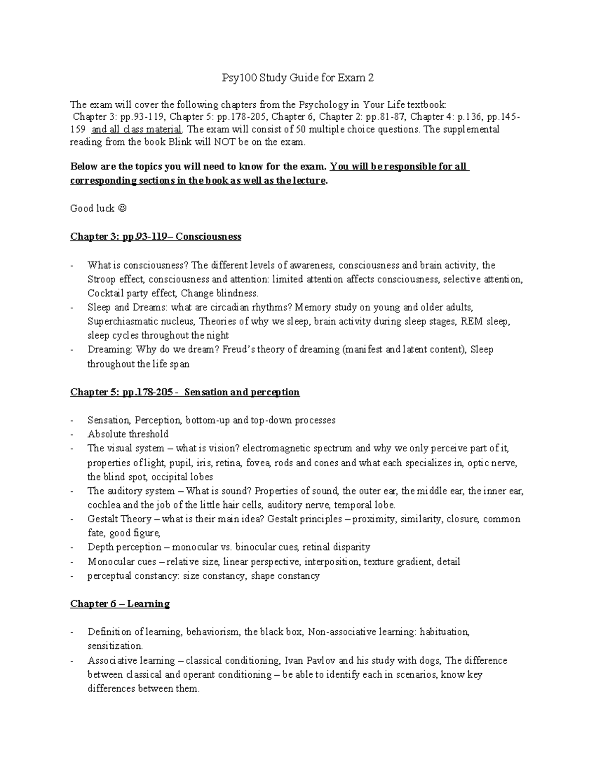 Psy100 Study Guide for Final Exam: Key Concepts & Topics - Studocu