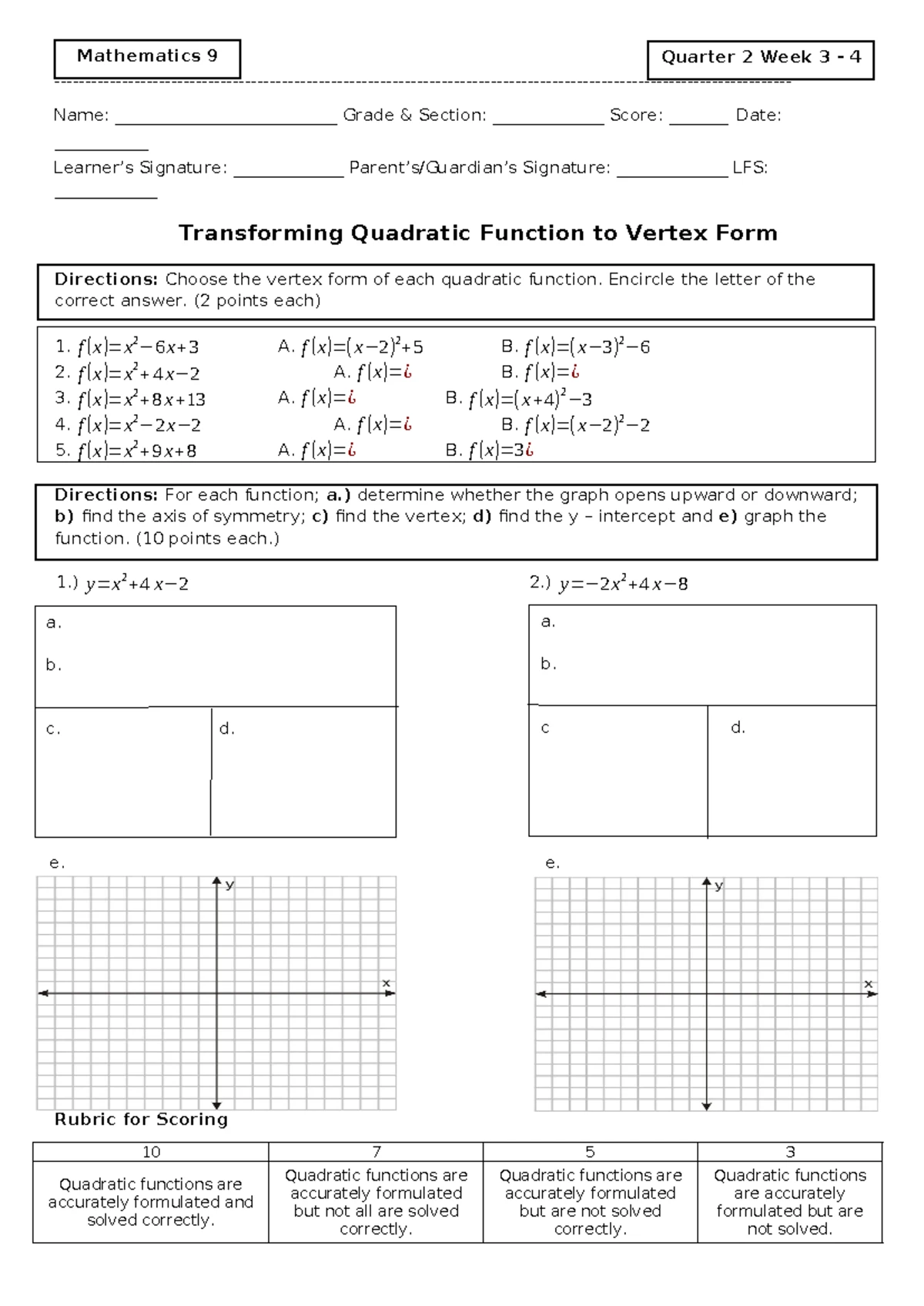 MATH 9 Q1 Summative Test: Quadratic Equations & Solutions - Studocu