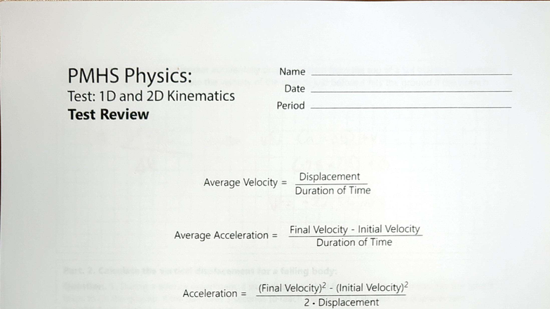 PMHS Physics: Test Review on 1D & 2D Kinematics Concepts - Studocu
