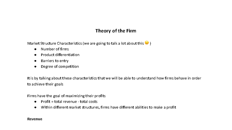 Theory of the Firm - Market Structures and Revenue Analysis - Studocu