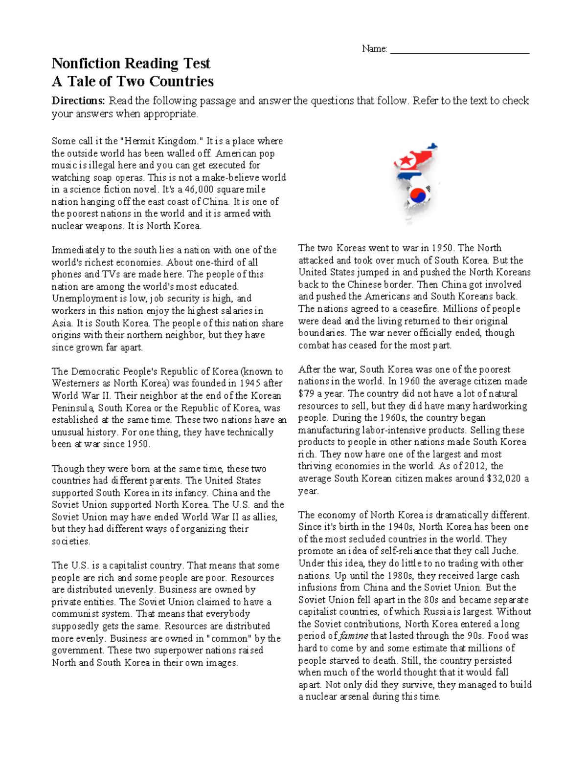 A Tale of Two Countries: Nonfiction Reading Comprehension Test - Studocu