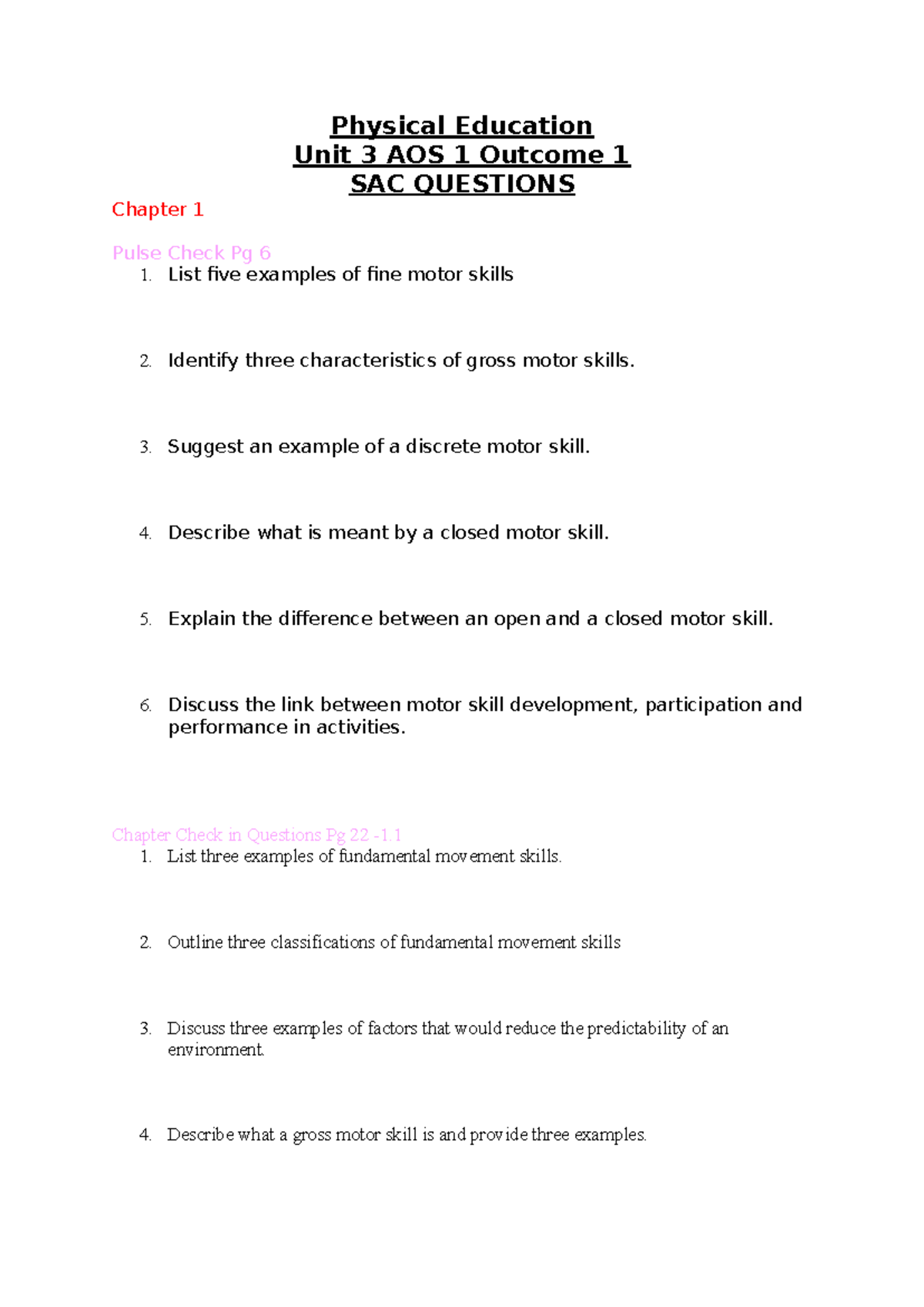 Physical Education Unit 3 AOS 1 Outcome 1 SAC Questions and Answers ...