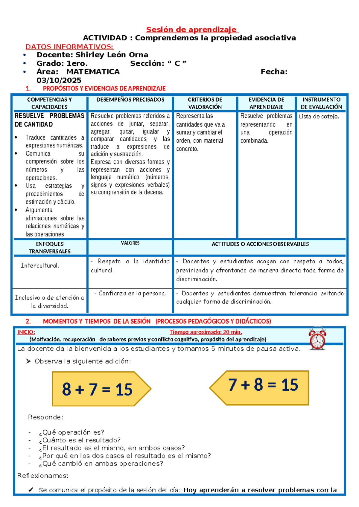 Sesión de Aprendizaje: Propiedad Asociativa en Matemáticas - 1ero ...