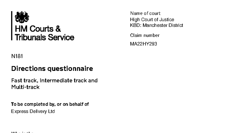Defendant's Directions Questionnaire N181: Fast Track & Intermediate ...