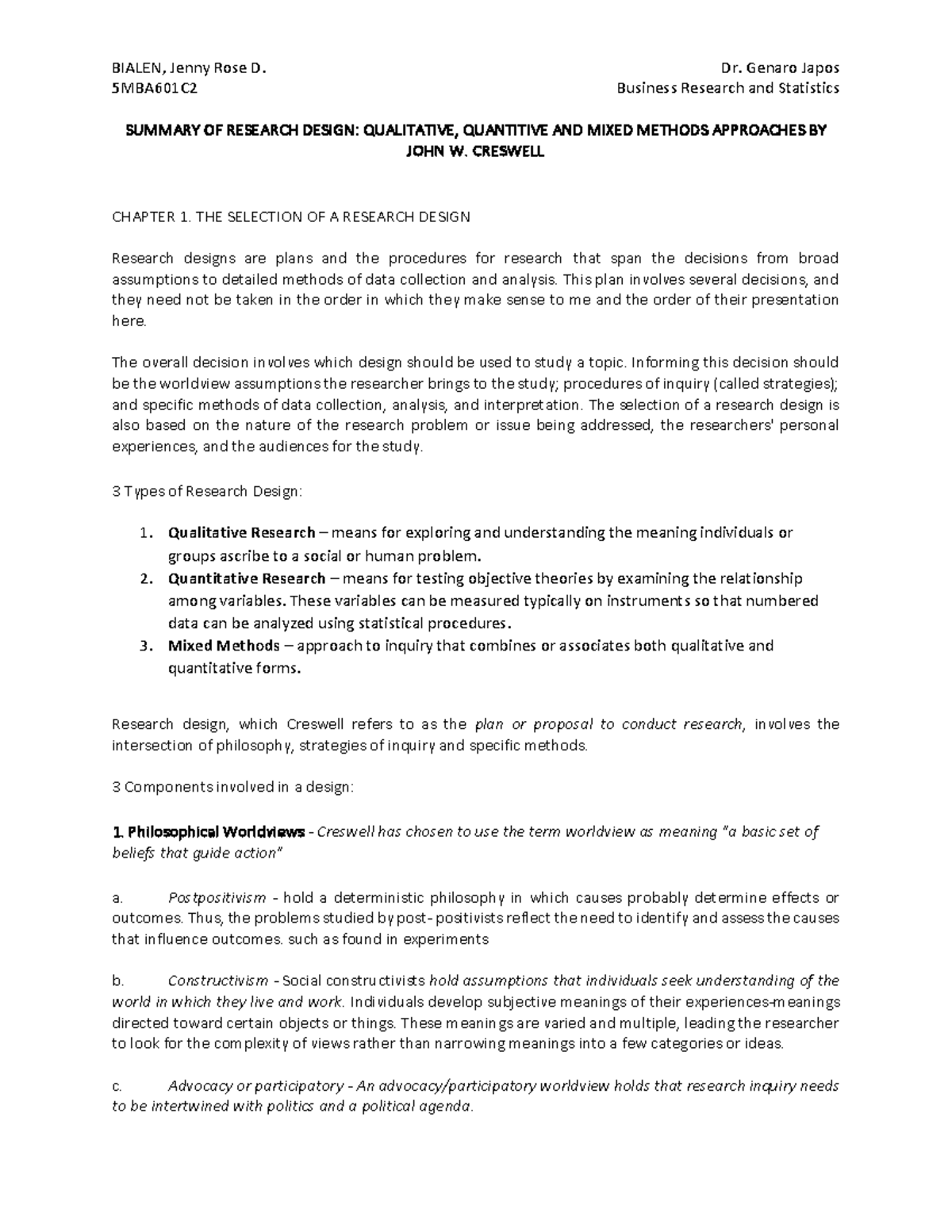 Business Research Design Overview: Creswell's Methods (5MBA601C2) - Studocu