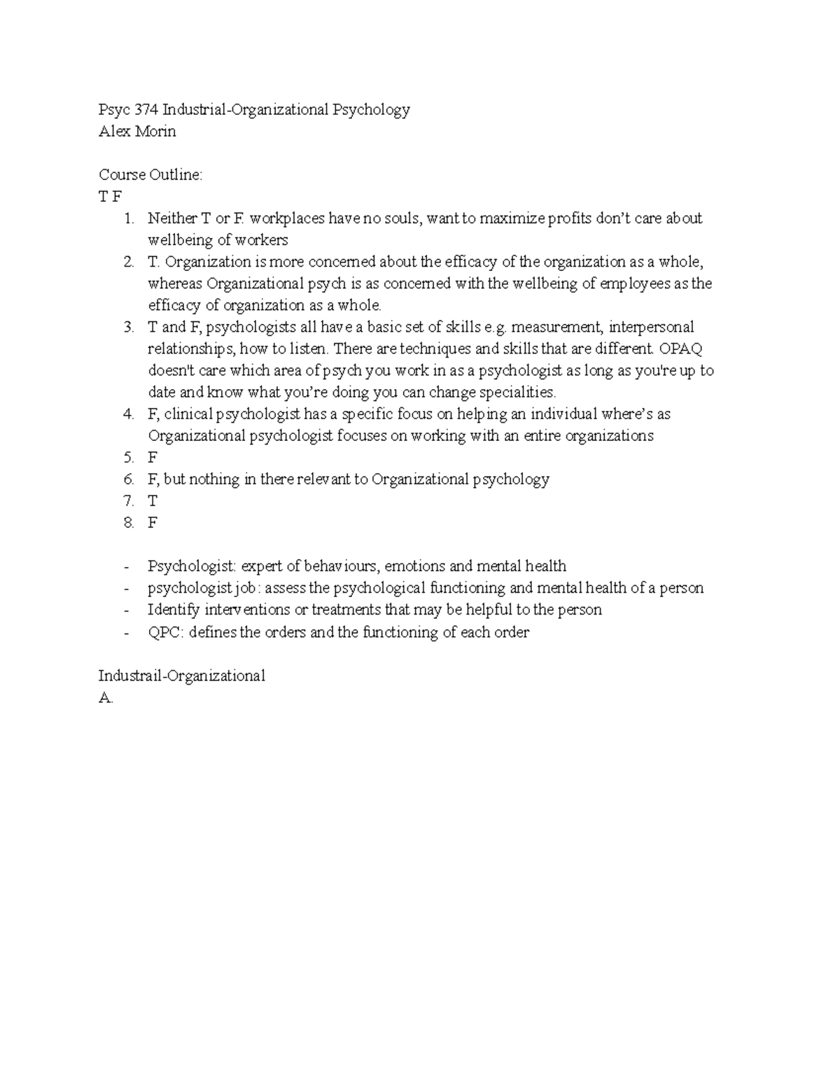 Psyc 374 - Organizational Psychology Course Outline and Key Concepts ...
