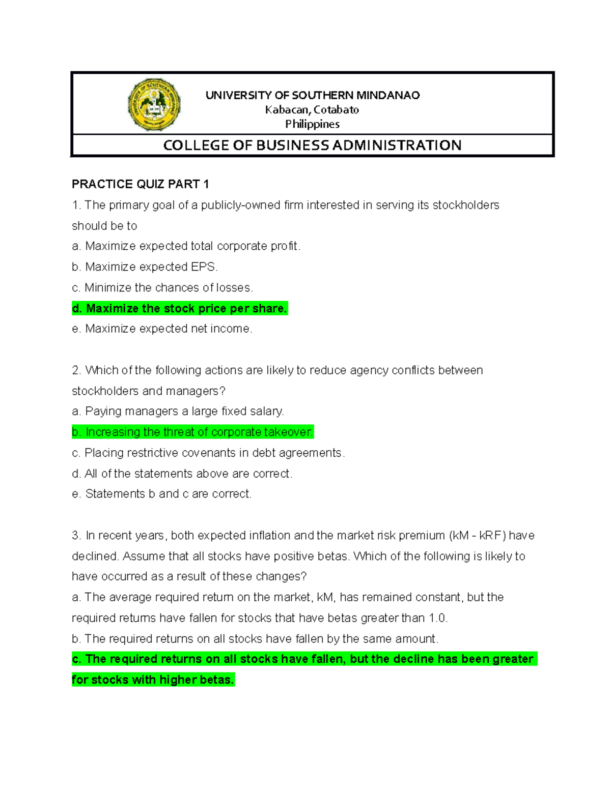 Practice QUIZ PART 1 - UNIVERSITY OF SOUTHERN MINDANAO Kabacan ...
