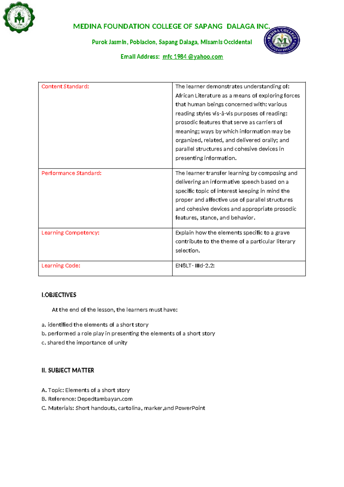 Elements of a Short Story - Lesson Plan (BSED) - Studocu