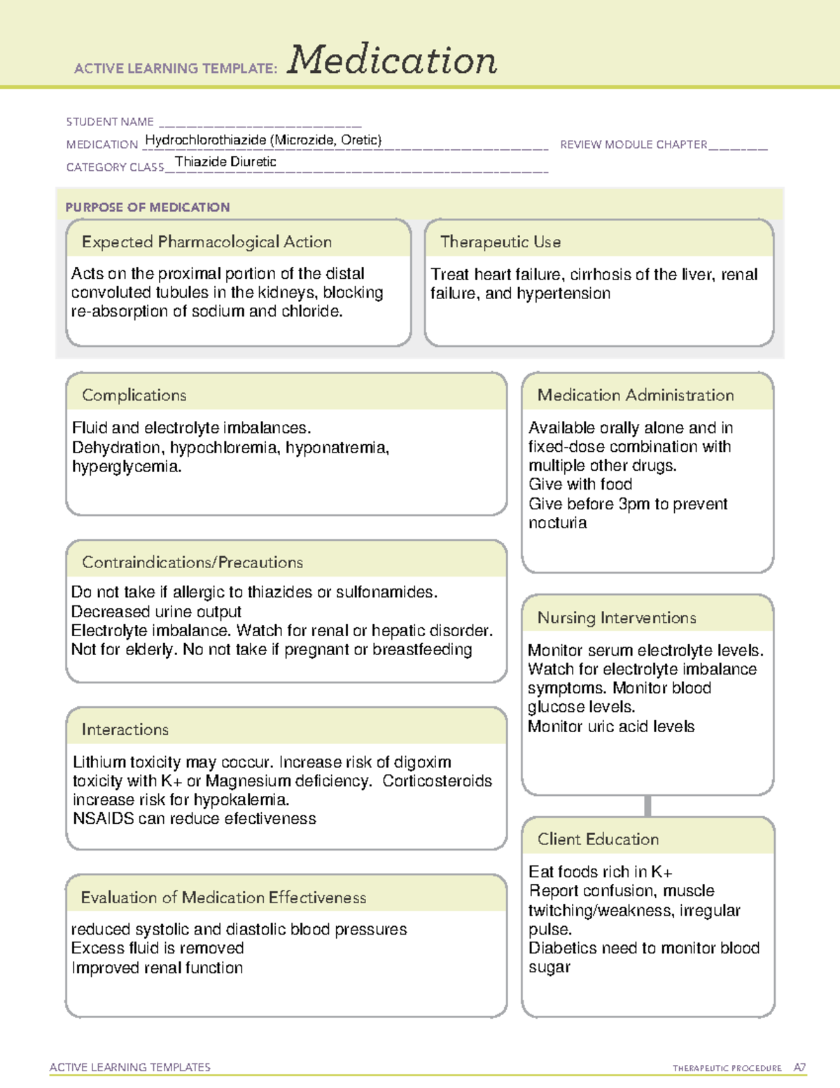 ATI Hydrochlorothiazide Med Sheet - Active Learning Template Guide ...