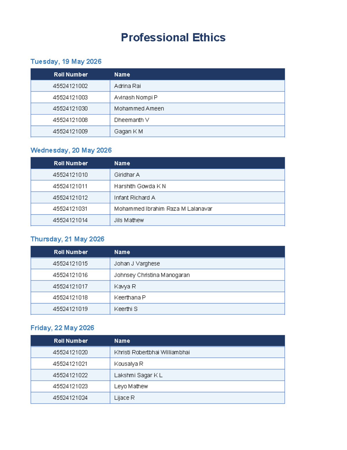 Professional Ethics (Final Exam) - Roll Numbers List - Studocu