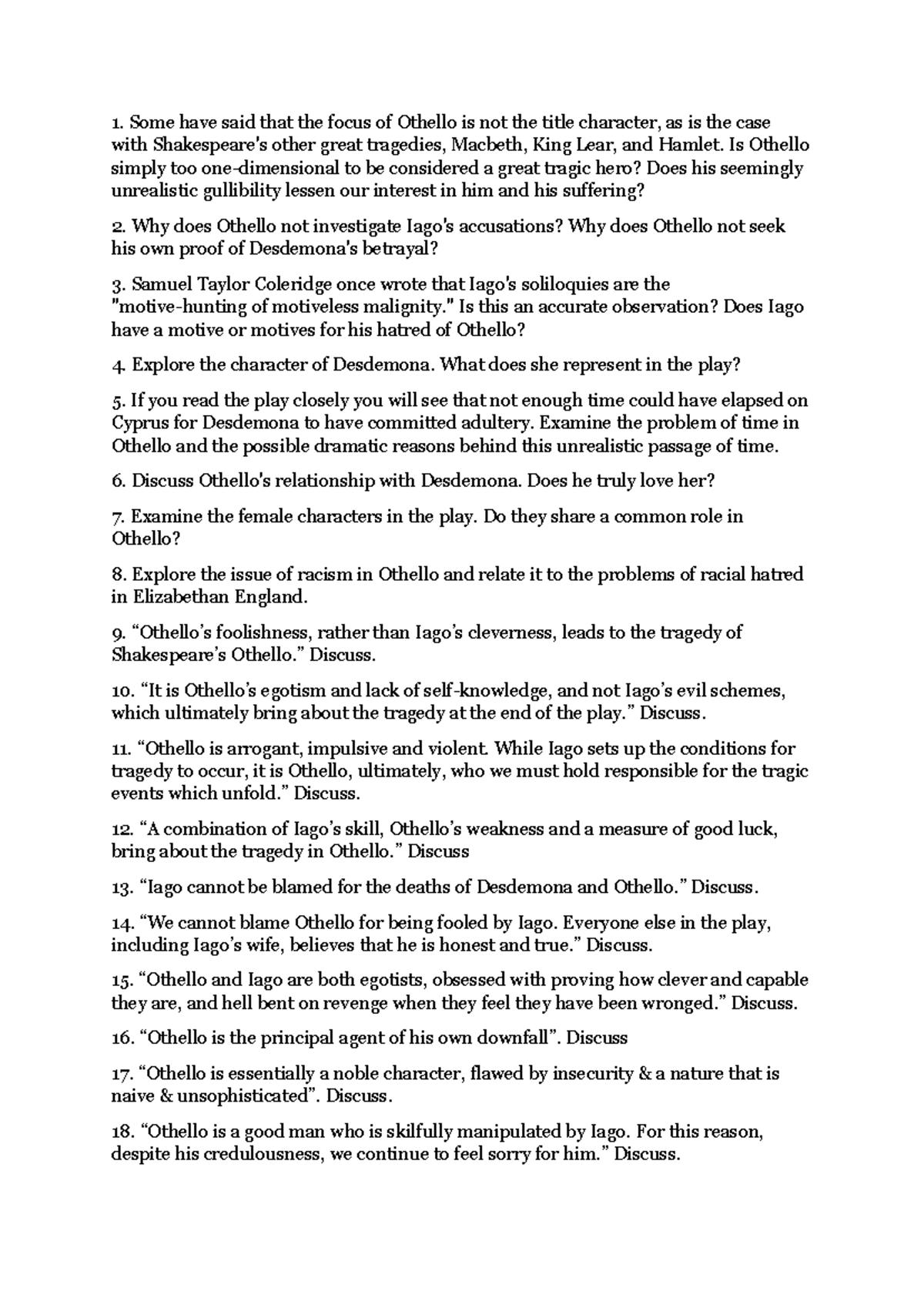 Practice Questions for Short Answer. William Shakespeares "Othello ...