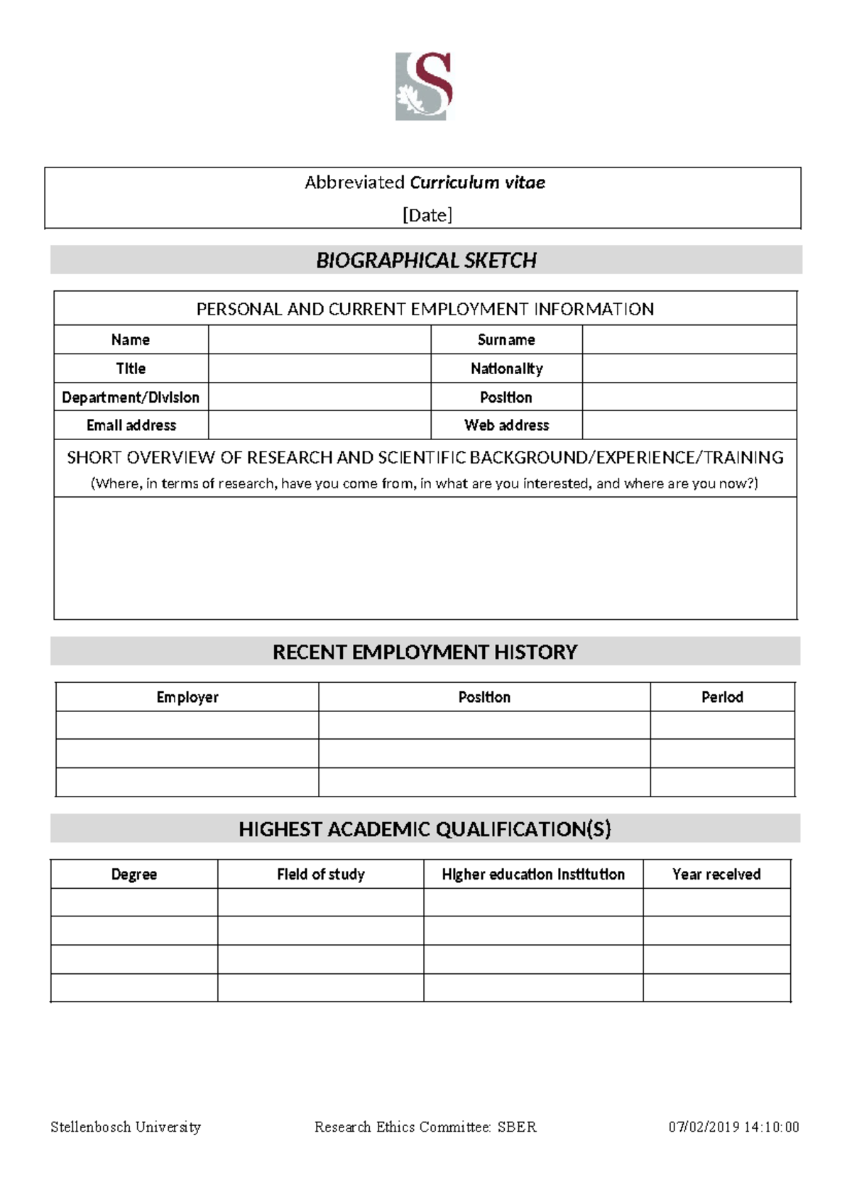 Abbreviated CV Template for REC Application - Studocu