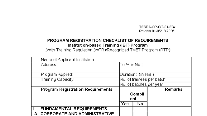 IBT Program Registration Checklist of Requirements for TVET - Studocu