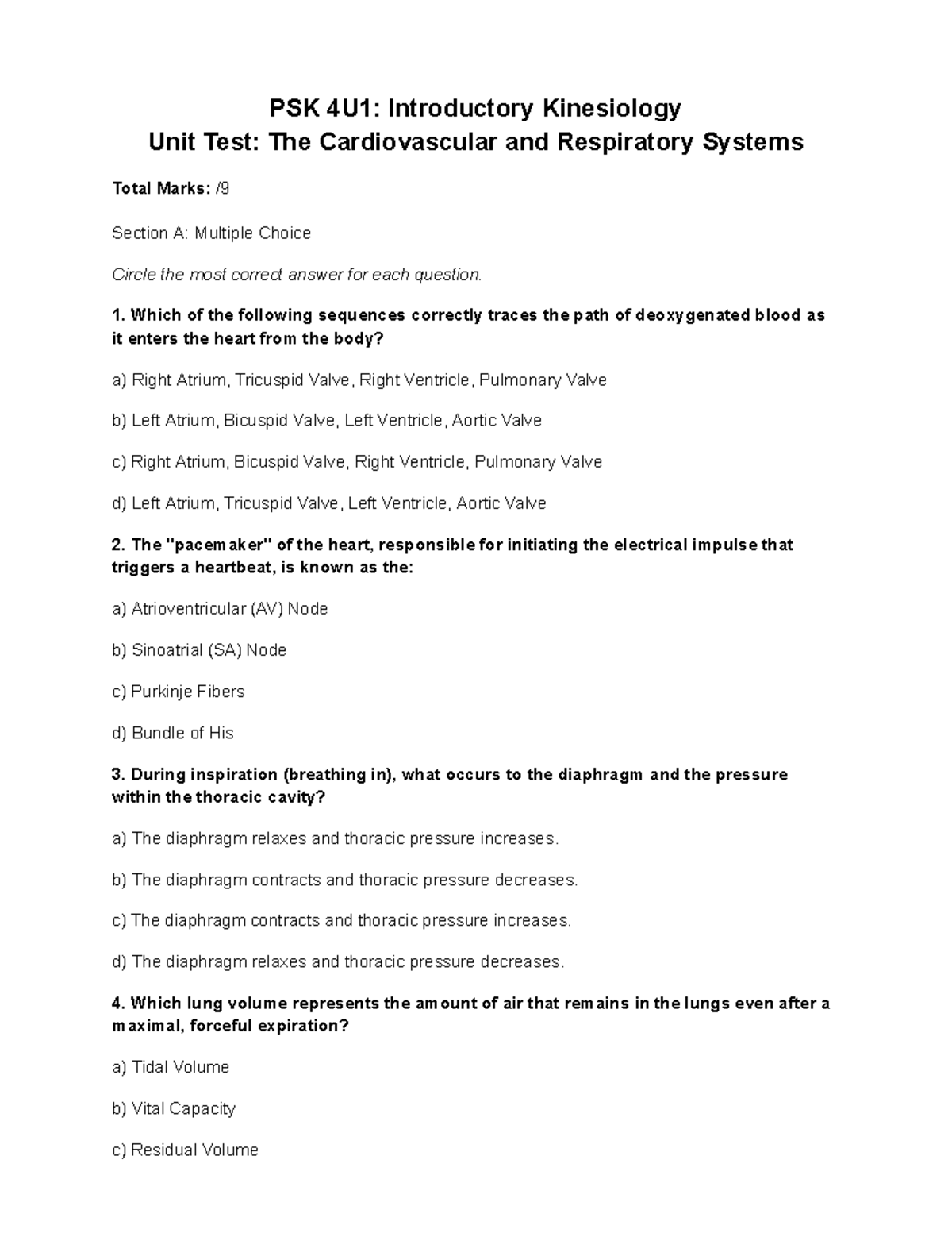 PSK 4U1: Cardiovascular & Respiratory Systems Unit Test - Studocu