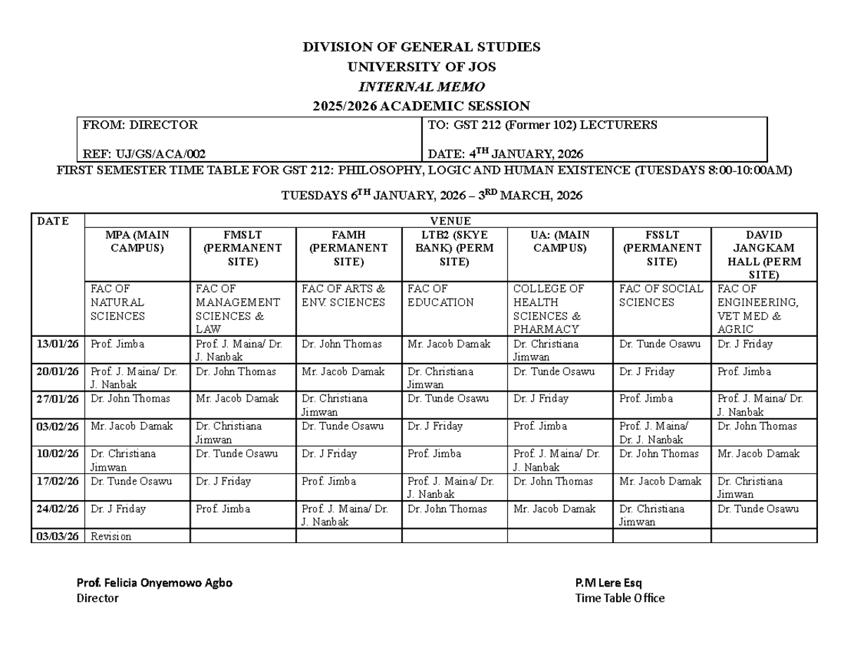 GST 212 Lecture Time Table for First Semester 2025-2026 - Studocu