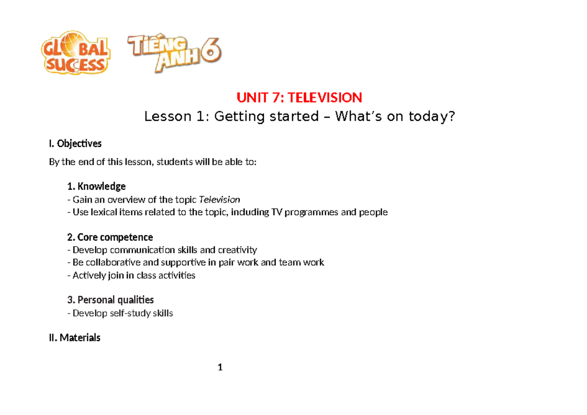 Unit 7: Television - Grade 6 Lesson 1 Overview and Activities - Studocu