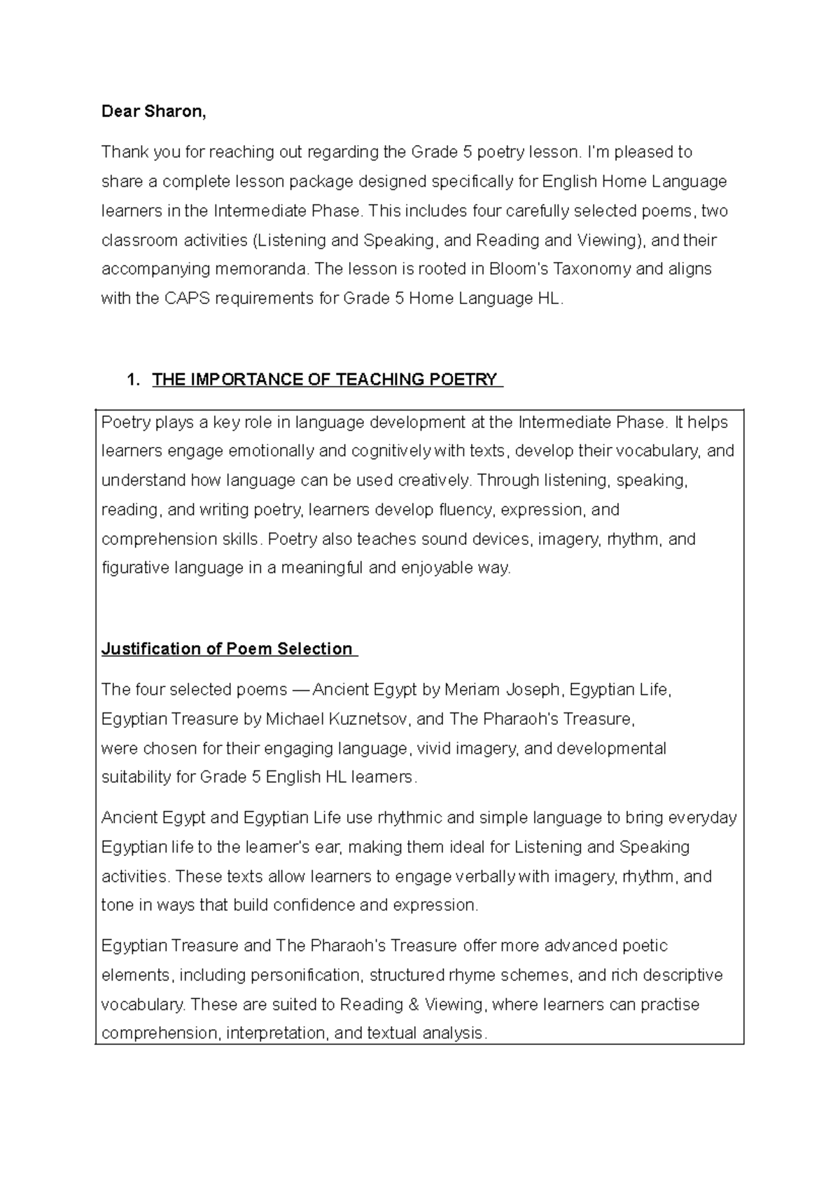 Grade 5 English HL Poetry Lesson Plan: Engaging with Texts - Studocu