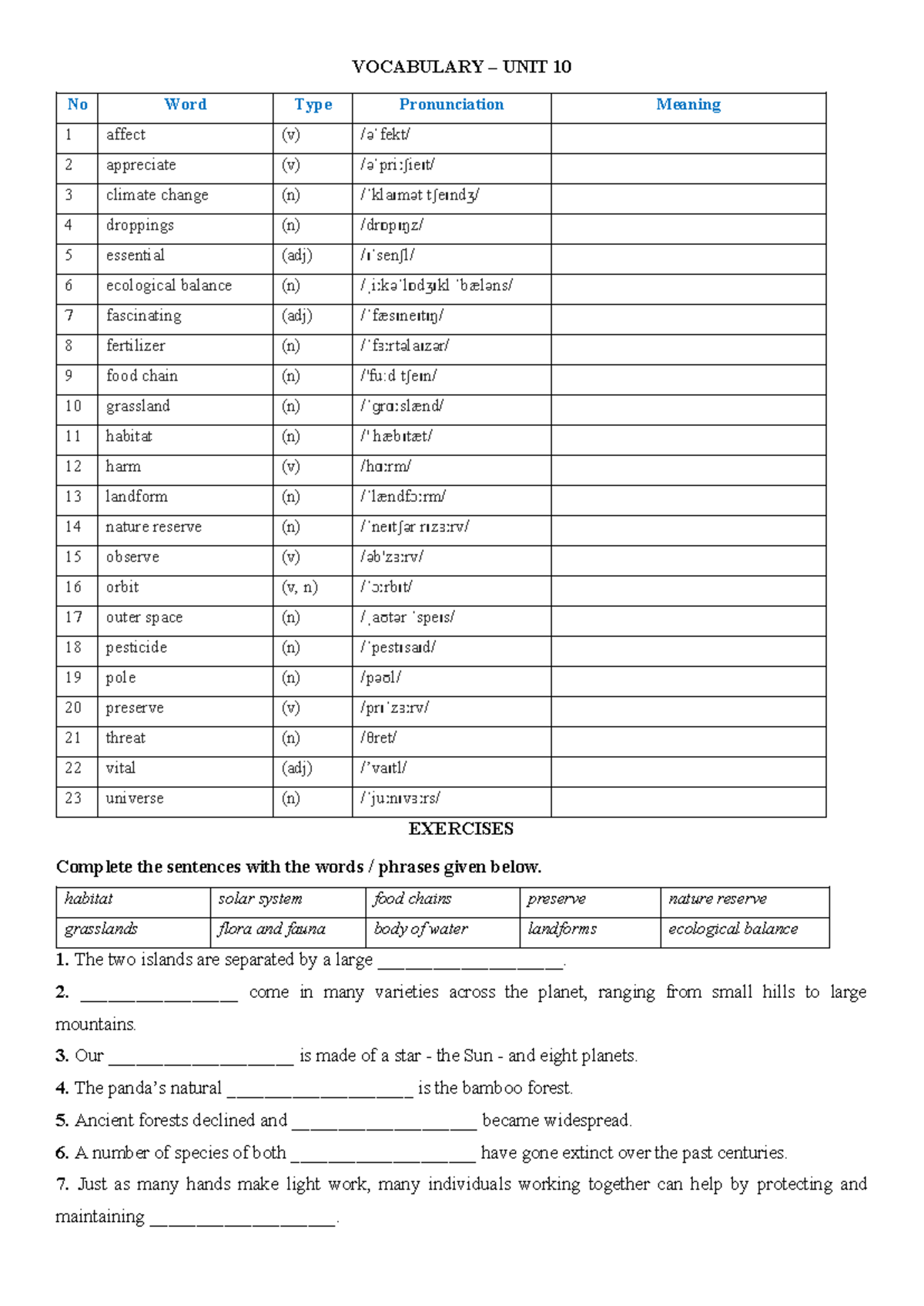 Practice Exercise for Grade 9 - Vocabulary Unit 10 - Studocu