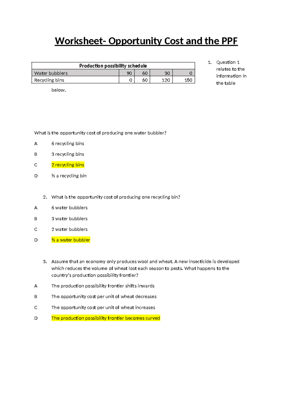Worksheet on Opportunity Cost and the PPF - Student's Copy - Studocu