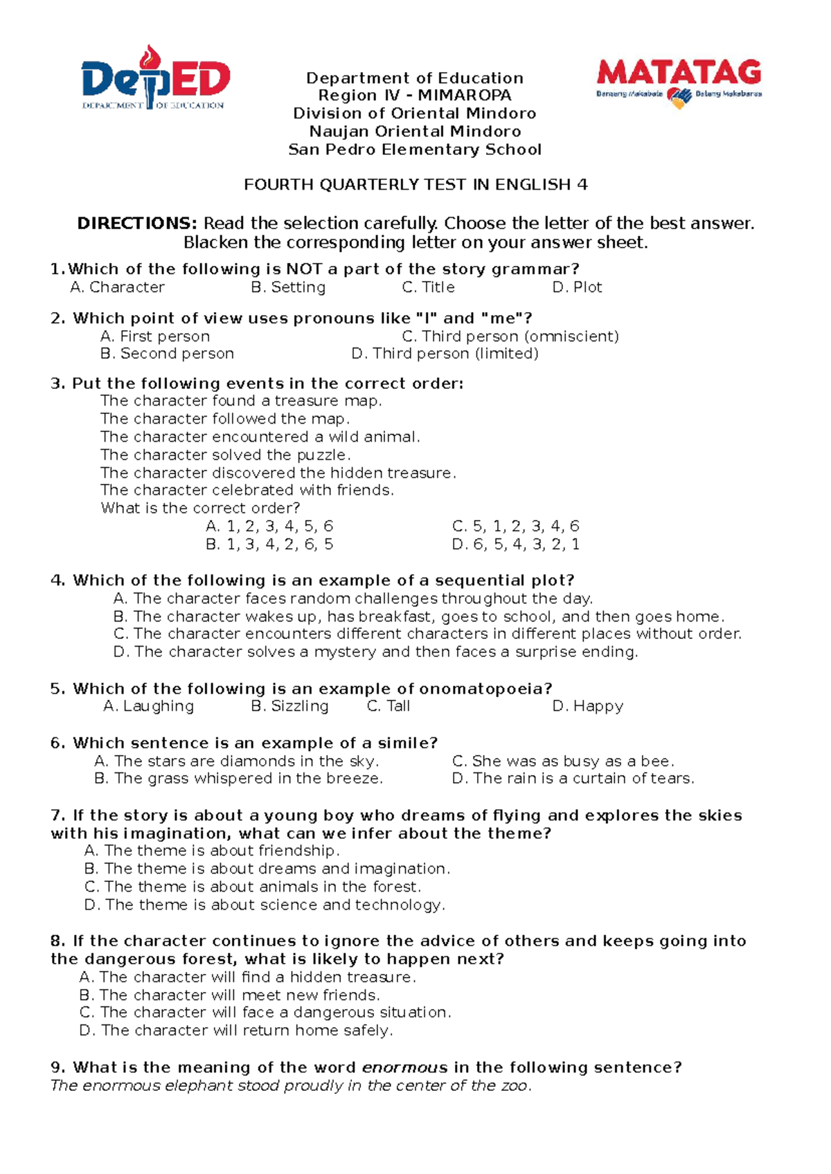 PT Q4 G4 English 4 Quarterly Test: Reading Comprehension & Grammar ...