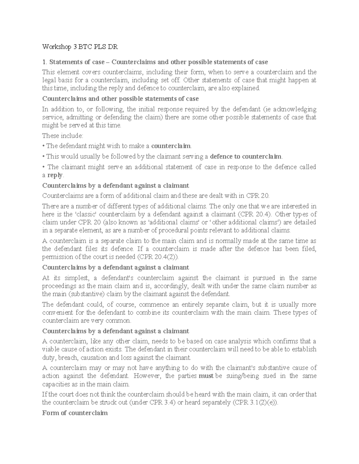 Workshop 3 BTC PLS DR: Counterclaims & Statements of Case Overview ...