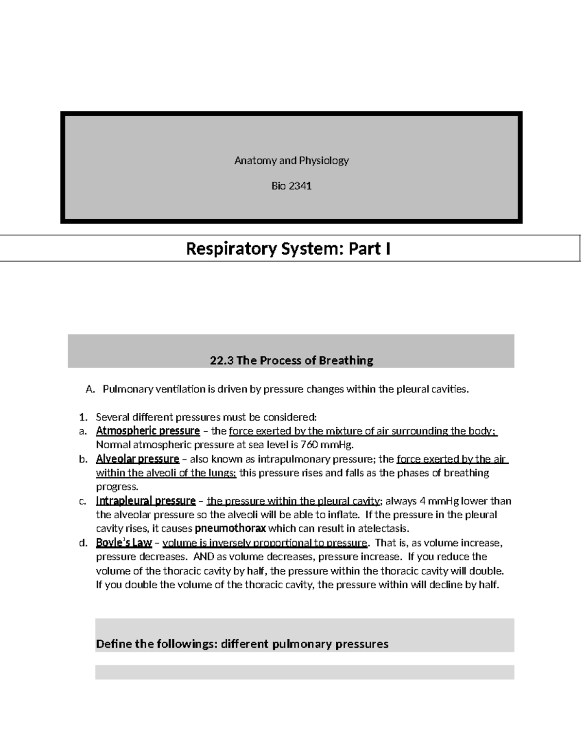 Bio 2341 Lecture 10 Handout: Respiratory System Part II - Studocu