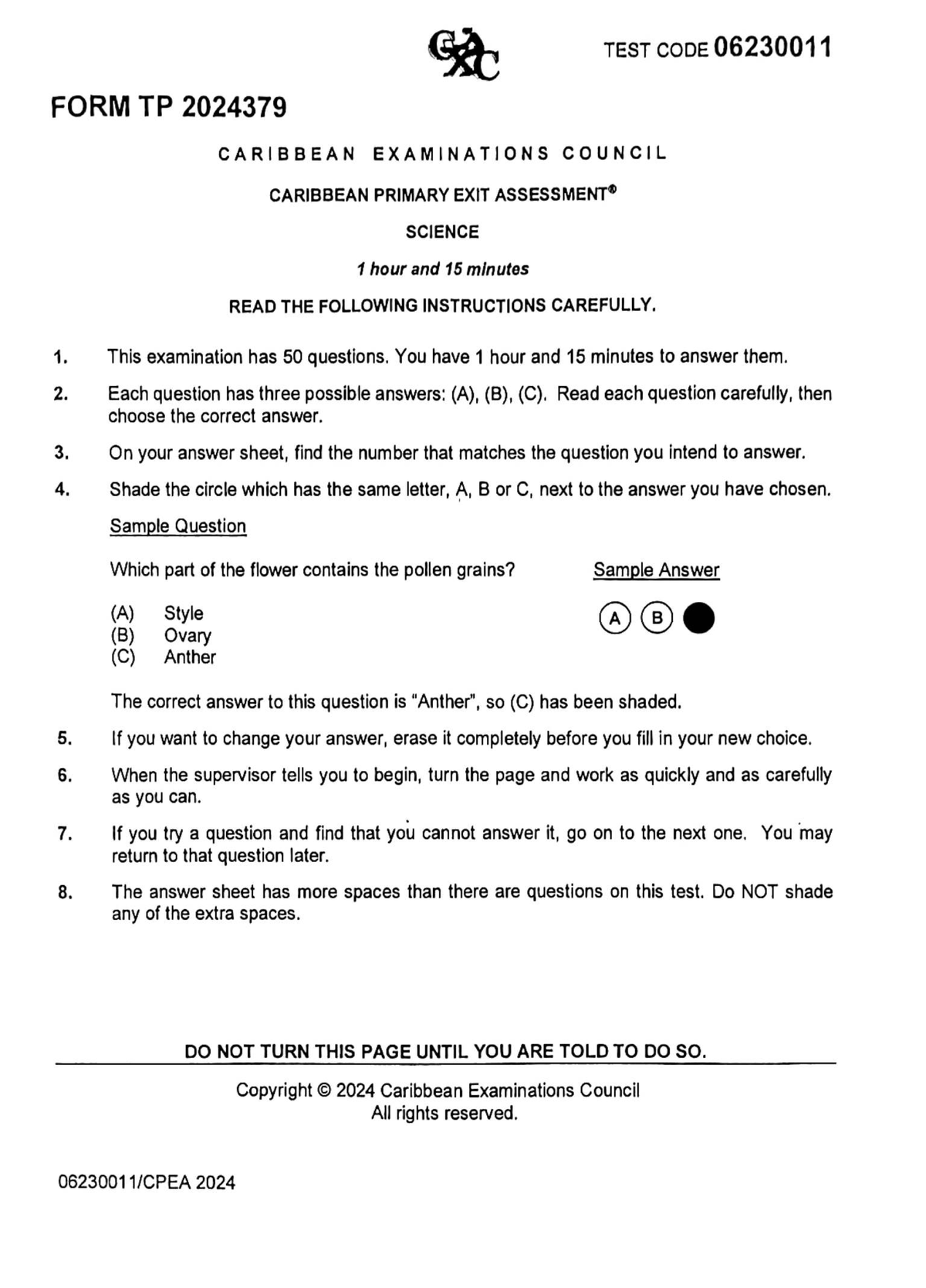 Science 0623001 Caribbean Primary Exit Exam - Test Instructions and ...