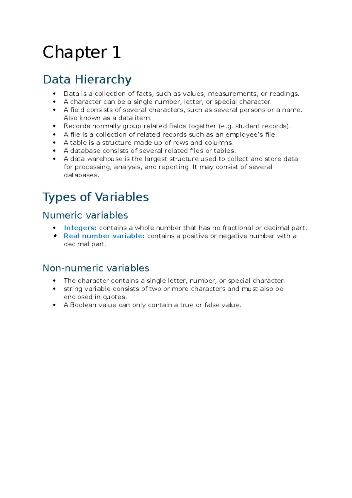 ITLPLA Chapter Notes: Data Hierarchy & Algorithm Examples - Studocu