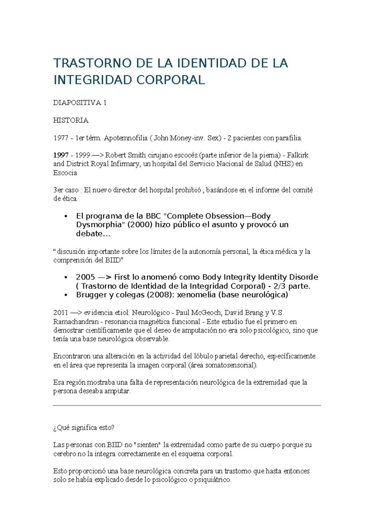 BIID - Caso neuropsicologico xenomelia - TRASTORNO DE LA IDENTIDAD DE ...