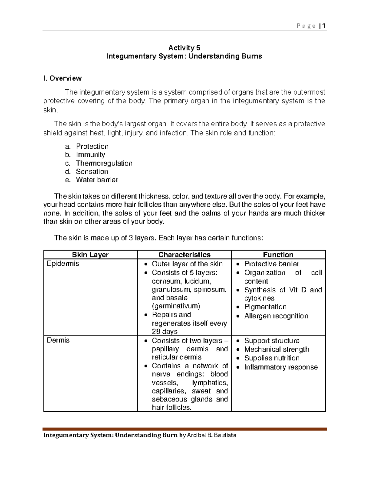 Integumentary System: Understanding Burns - Activity 5 Assessment - Studocu