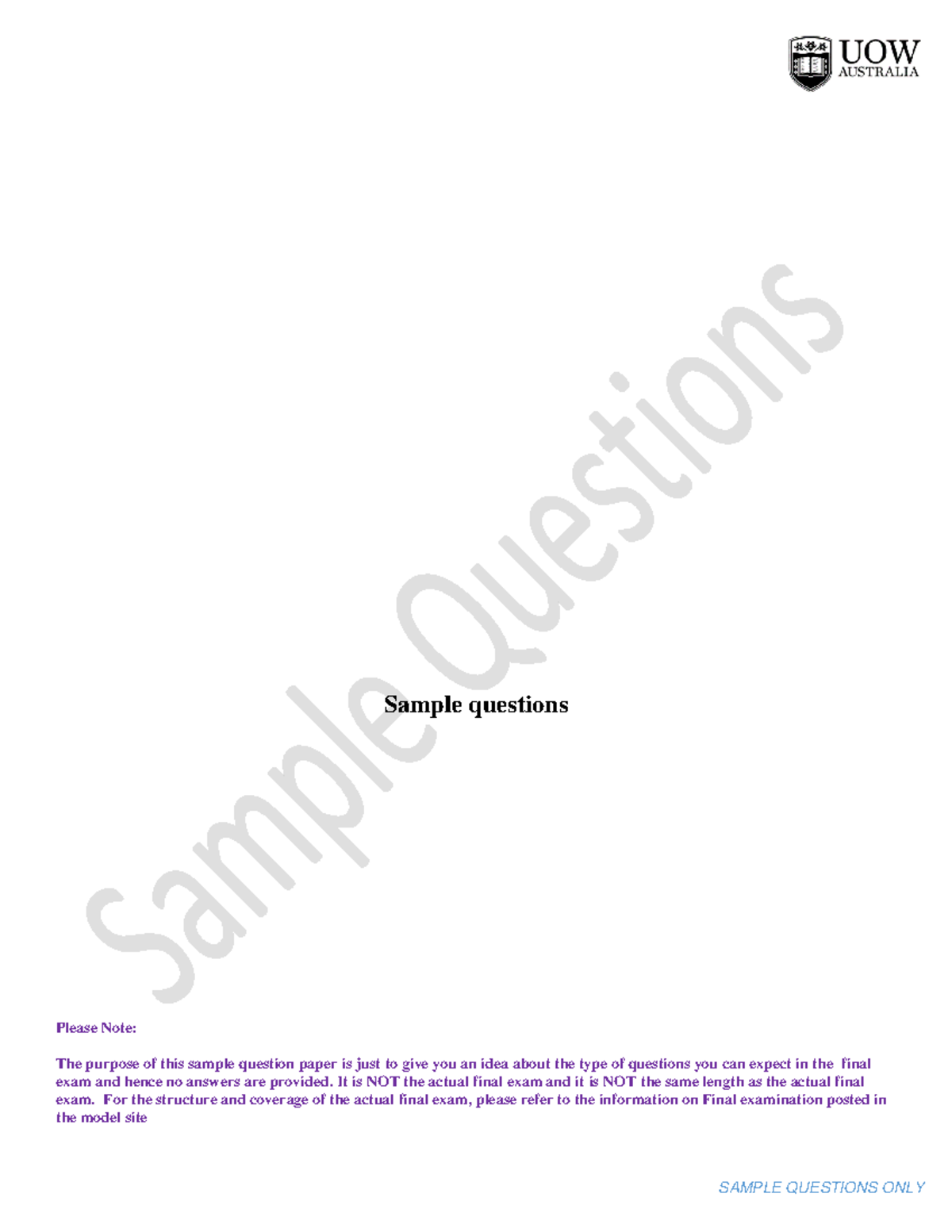 Practice Exam for ECON100 - Sample questions Please Note: The purpose ...
