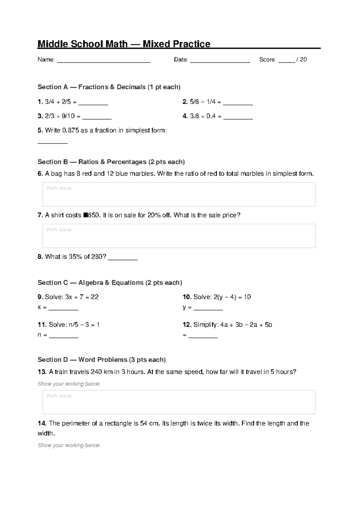 Middle School Math Mixed Practice Worksheet - Fractions, Ratios ...