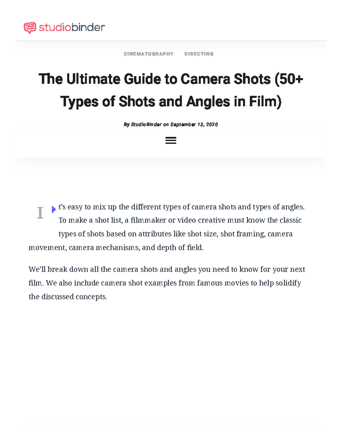 Camera Angles List