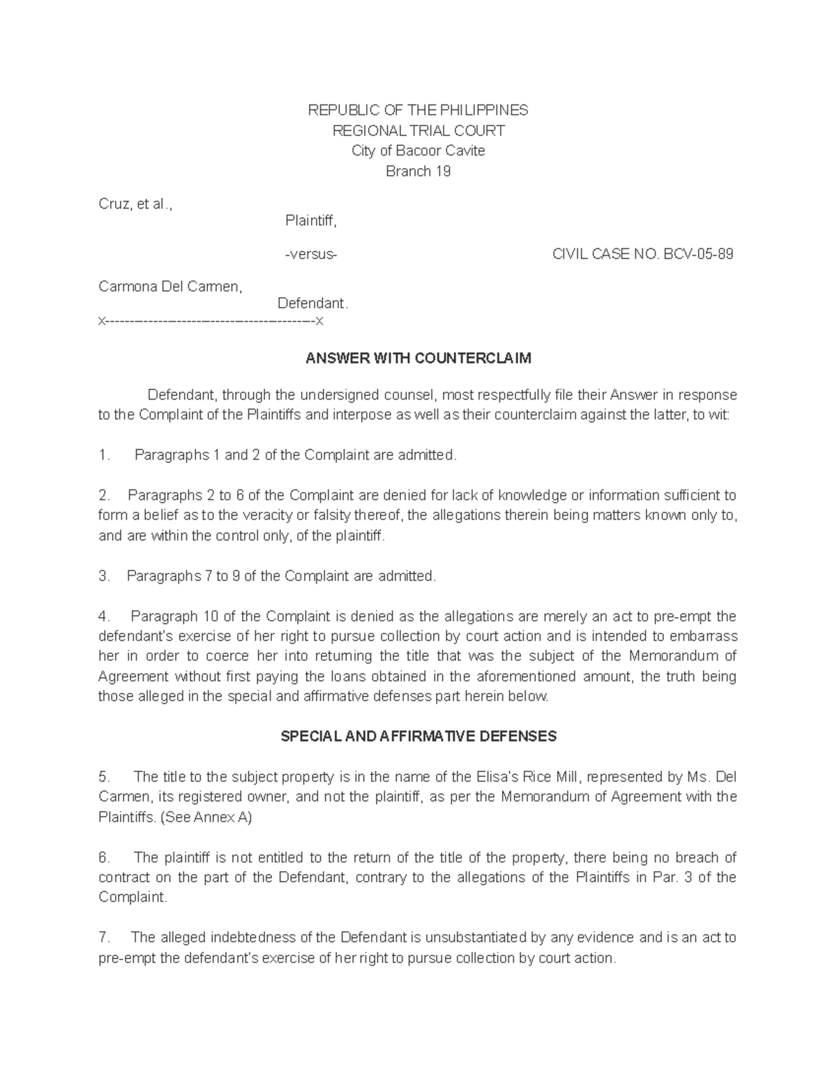 297625269 Sample Answer With Counter Claim - Juris Doctor - Studocu