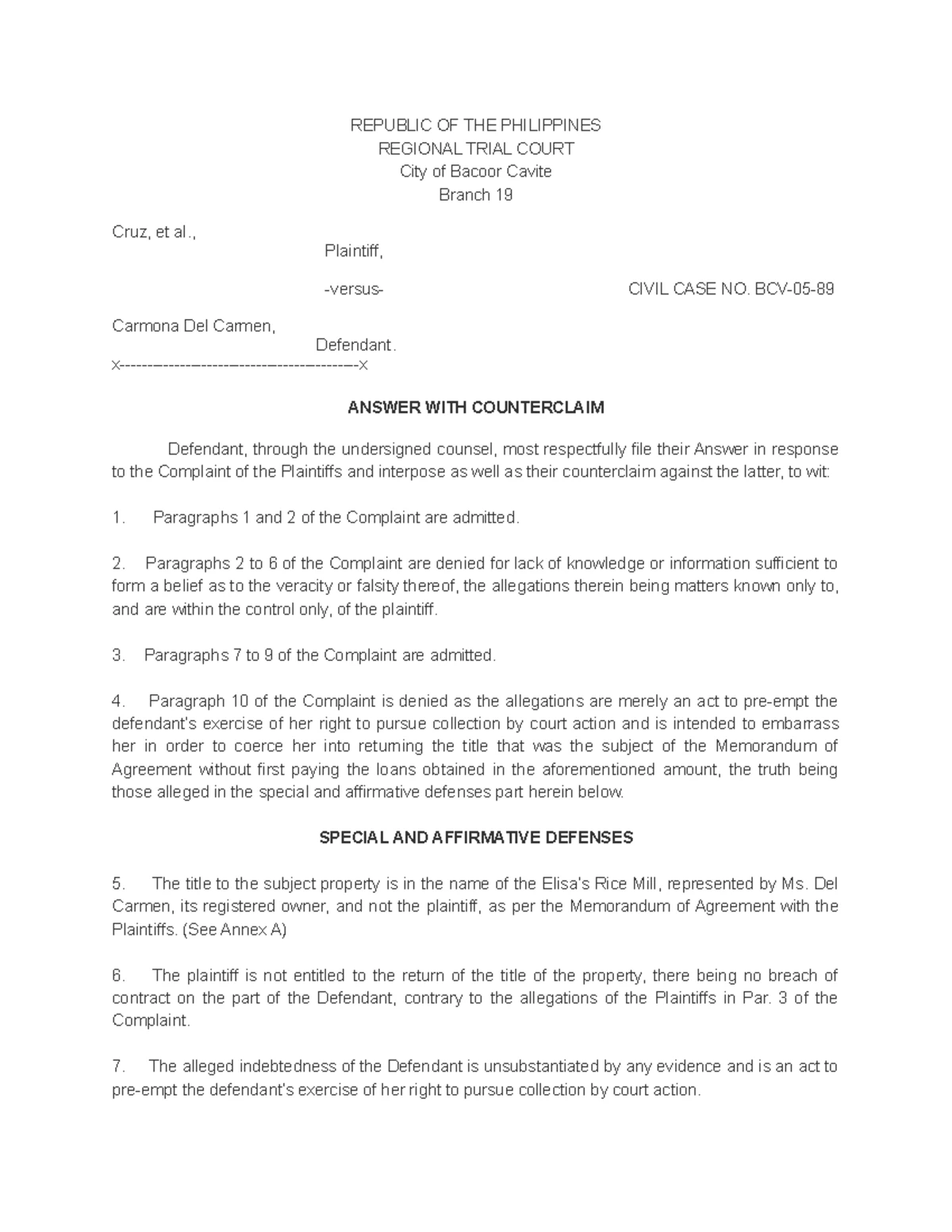 364361998 Answer With Cross claim Sample - Juris Doctor - Studocu