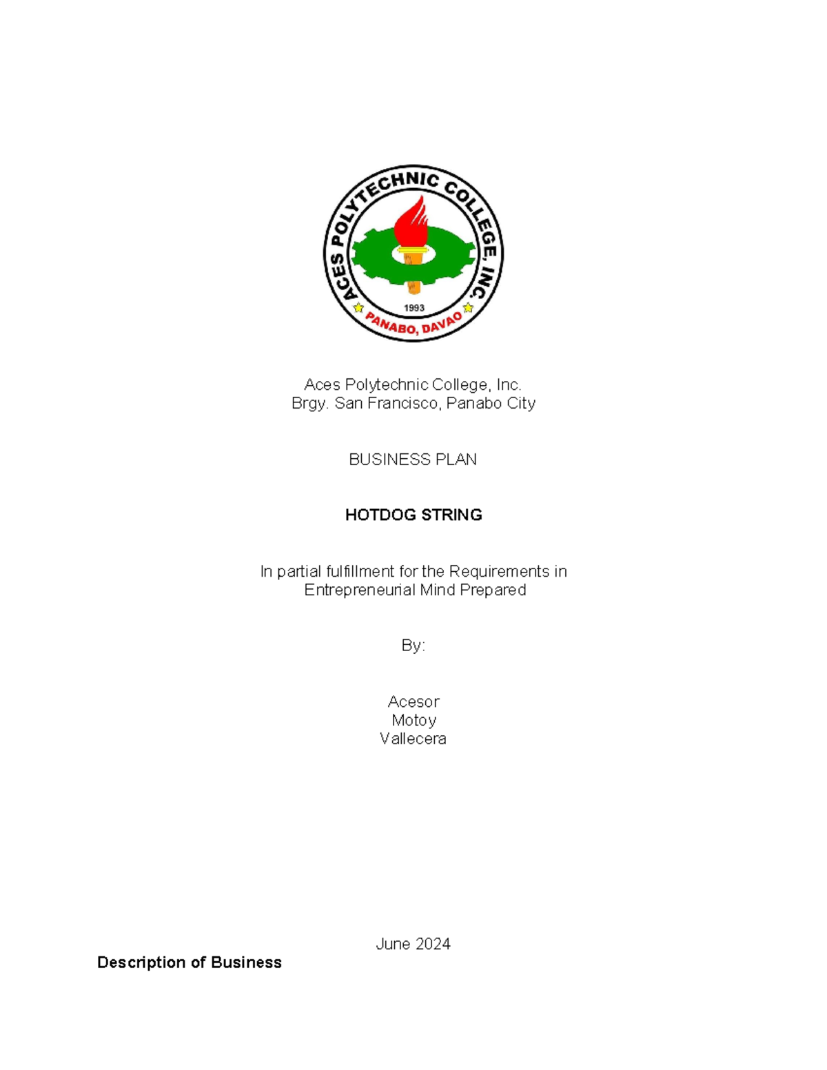 Business plan - plans - Aces Polytechnic College, Inc. Brgy. San ...