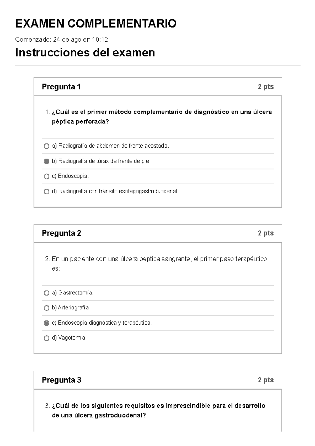Examen Examen Complementario - EXAMEN COMPLEMENTARIO Comenzado: 24 de ago en 10: Instrucciones ...